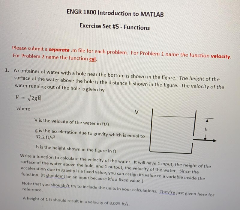 Solved Engr 1800 Introduction To Matlab Exercise Set 5
