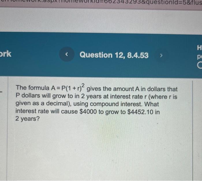 Solved The formula A=P(1+r)2 gives the amount A in dollars | Chegg.com