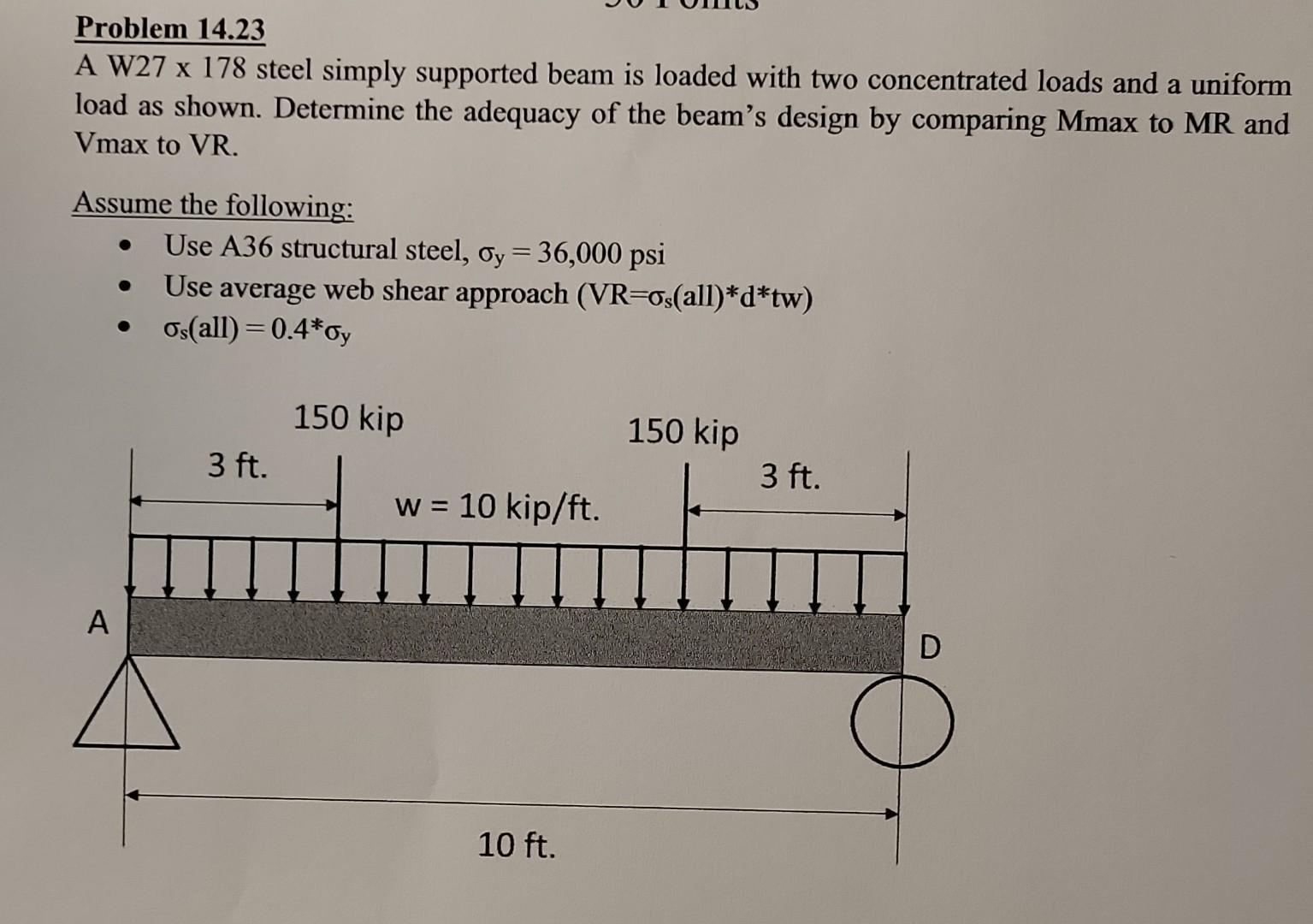 Solved Problem 14.23 A W27 x 178 steel simply supported beam | Chegg.com