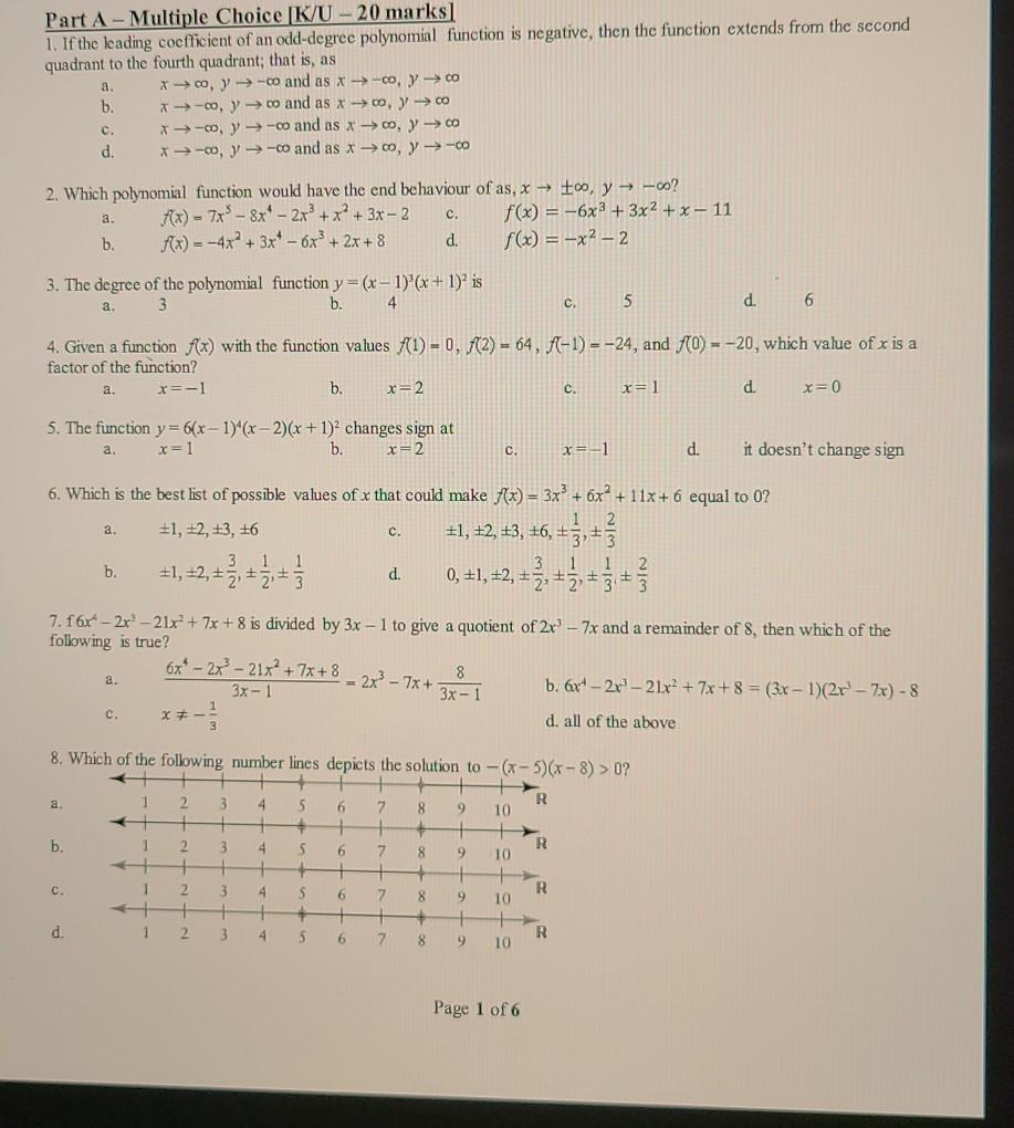 Solved Part A - Multiple Choice K/U - 20 marks 1. If the | Chegg.com
