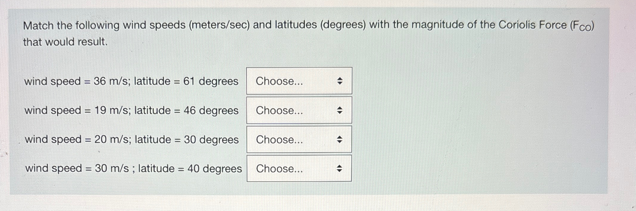 Solved Match the following wind speeds (meters/sec) ﻿and | Chegg.com