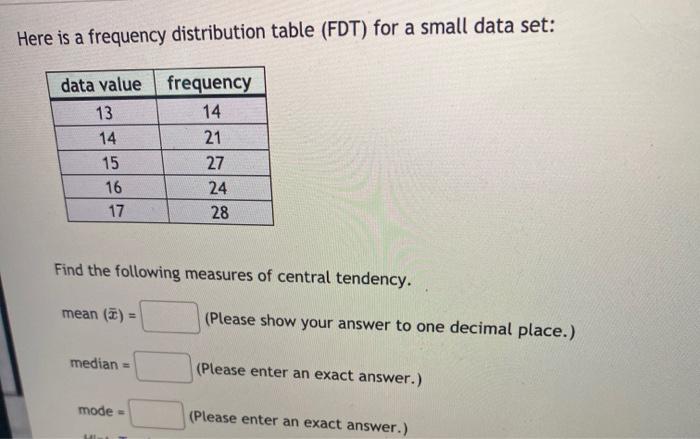 Solved Here is a frequency distribution table (FDT) for a | Chegg.com