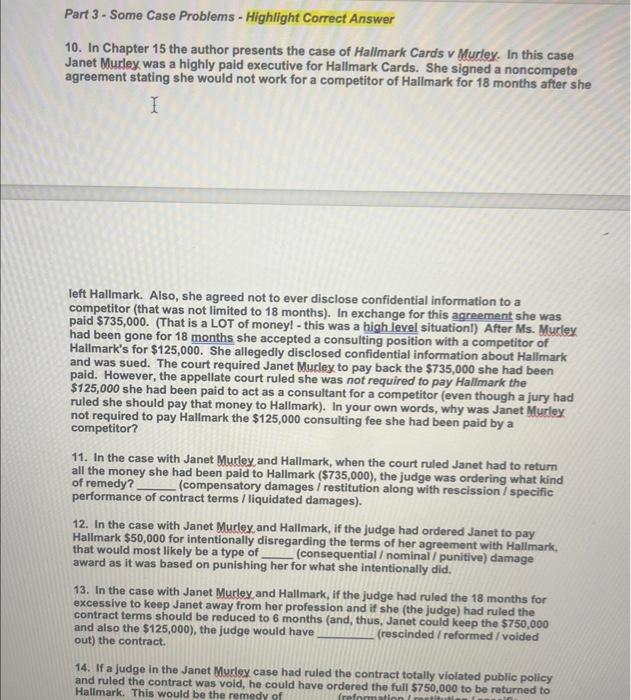 Part 1 - Contract Damages - Highlight Correct Answer | Chegg.com