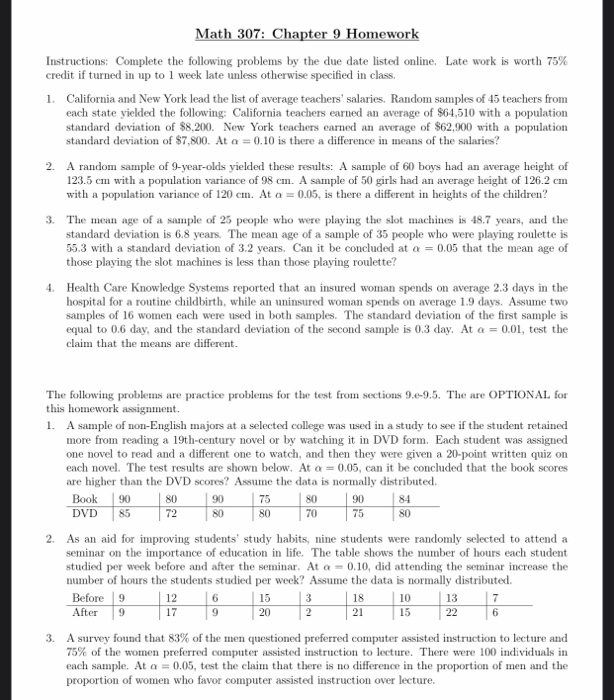 Solved Math 307: Chapter 9 Homework Instructions: Complete | Chegg.com