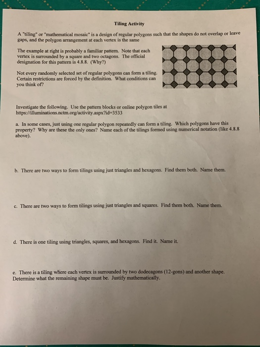 Tiling Activity A "tiling" or "mathematical mosaic" | Chegg.com