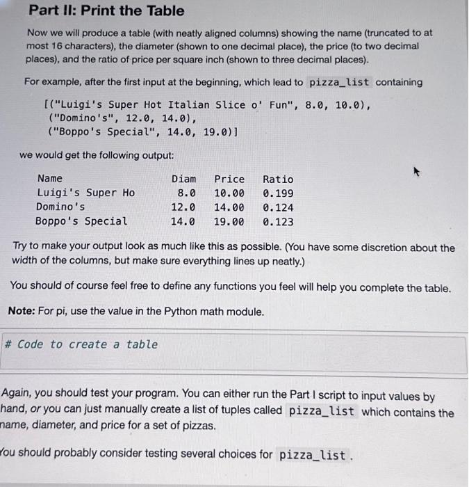 Solved Part II: Print the Table Now we will produce a table | Chegg.com