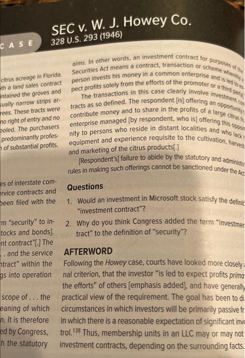 Solved SEC v. W. J. Howey Co. 328 U.S. 293 (1946) CASE th a | Chegg.com