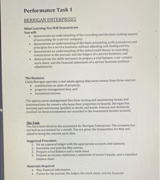 Solved Performance Task 1BERRIGAN ENTERPRISESWhat Learning | Chegg.com