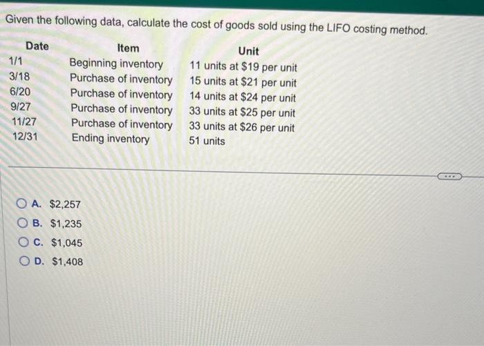 Solved Given the following data, calculate the cost of goods | Chegg.com