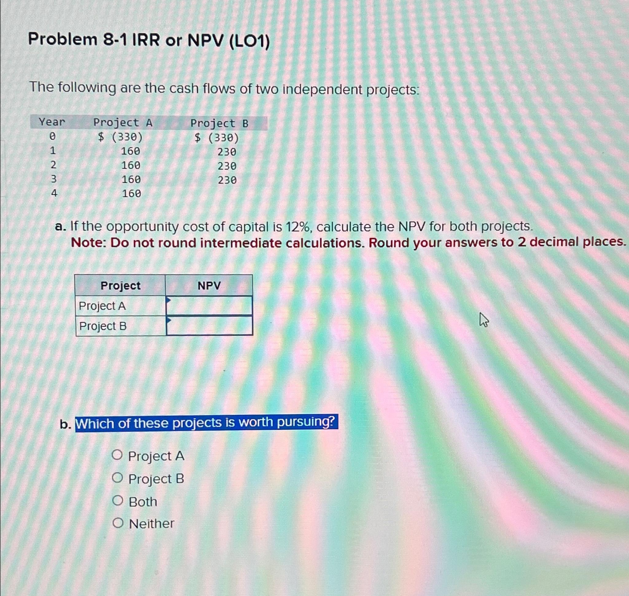 Solved Problem 8-1 ﻿IRR or NPV (LO1)The following are the | Chegg.com