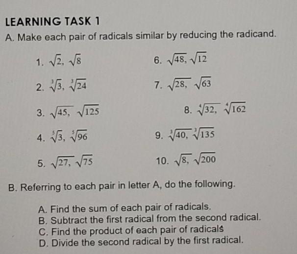 Solved LEARNING TASK 1 A. Make each pair of radicals similar | Chegg.com