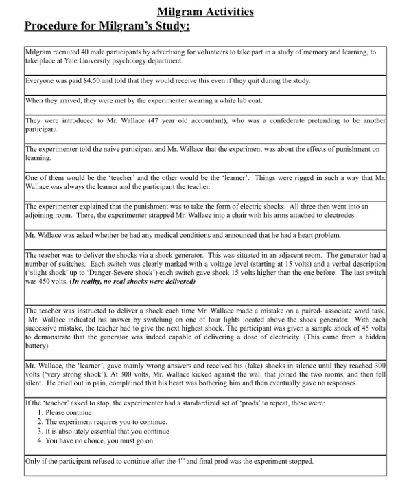 Solved Milgram Activities Procedure for Milgram's Study: | Chegg.com