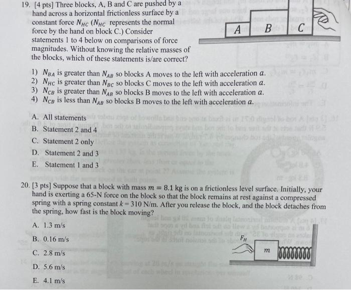 Solved three blocks, a, b and c are pushed by a hand across | Chegg.com
