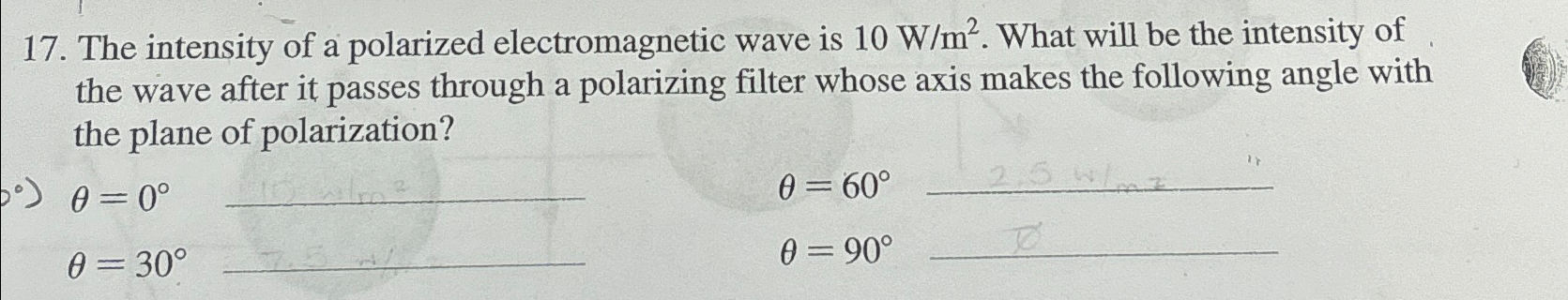 Solved The intensity of a polarized electromagnetic wave is | Chegg.com