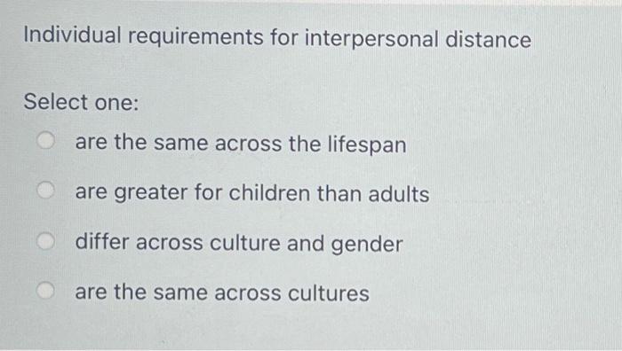 Solved Individual requirements for interpersonal distance | Chegg.com