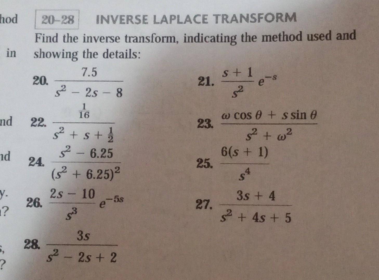 Solved 20-28 INVERSE LAPLACE TRANSFORM Find the inverse | Chegg.com