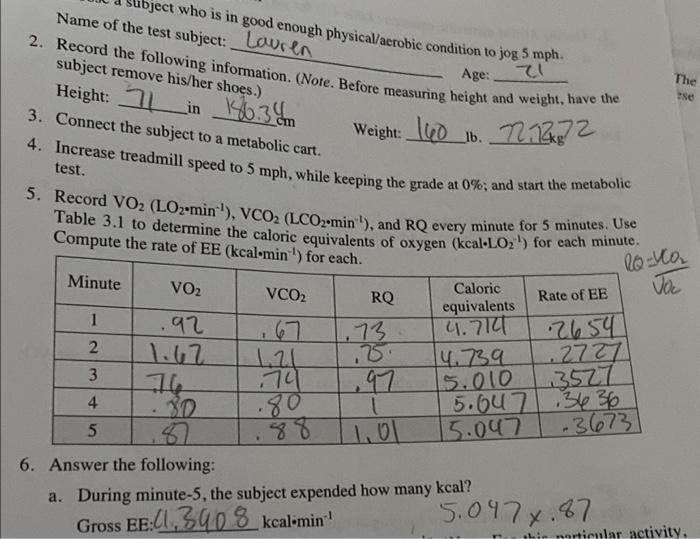 Solved 7. Use the ACSM metabolic equation (Table 4.1) for | Chegg.com