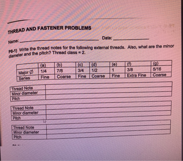 Solved THREAD AND FASTENER PROBLEMS Name: 2.4) Write the | Chegg.com