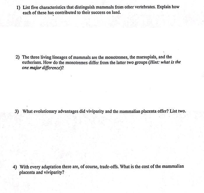 Solved 1) List five characteristics that distinguish mammals | Chegg.com