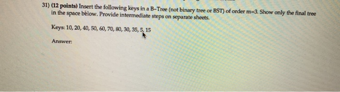Solved 31) (12 points) Insert the following keys in a B-Tree | Chegg.com