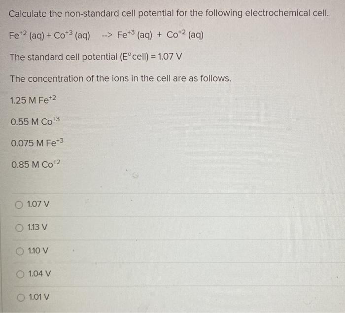 Solved Calculate the non-standard cell potential for the | Chegg.com