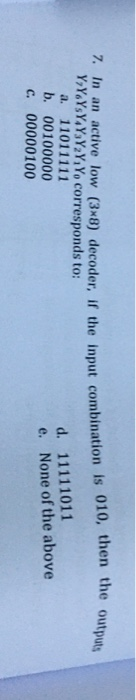 Solved 7. in an active low (3x8) decoder, if the input | Chegg.com