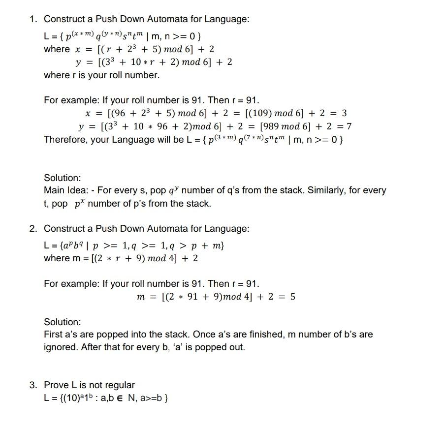 Solved L = {p(x*m) 1. Construct a Push Down Automata for | Chegg.com