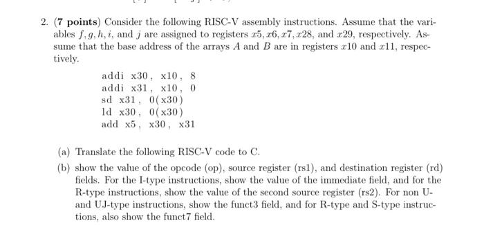 Solved 2. (7 points) Consider the following RISC-V assembly | Chegg.com