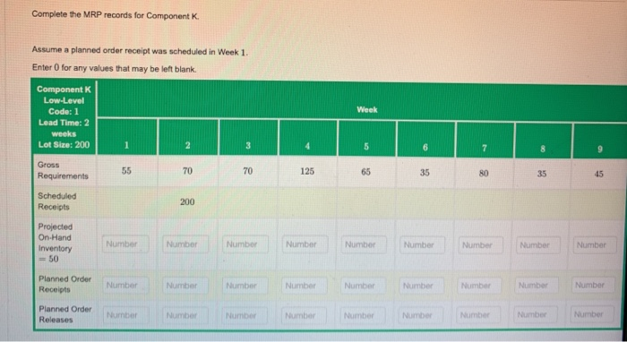 Solved Complete the MRP records for Component K. Assume a | Chegg.com