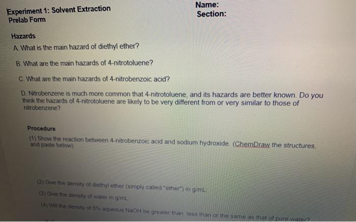 Solved Experiment 1: Solvent Extraction Prelab Form Name: | Chegg.com