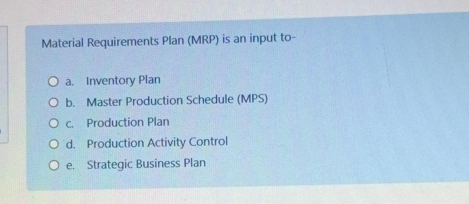 Solved Material Requirements Plan (MRP) is an input to- a. | Chegg.com