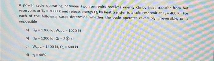 Solved A power cycle operating between two reservoirs | Chegg.com