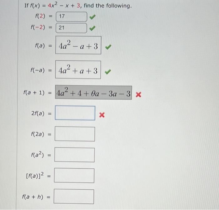 Solved If f(x)=4x2−x+3, find the following. | Chegg.com