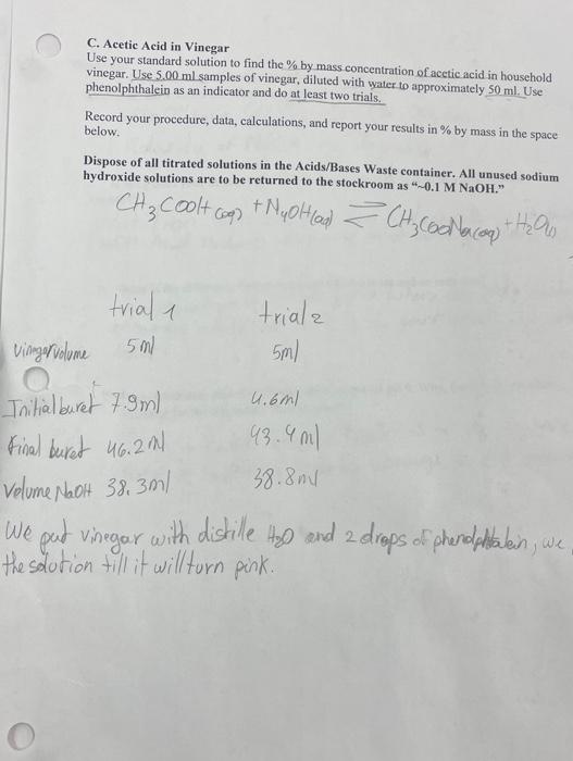 Solved C. Acetic Acid in Vinegar Use your standard solution | Chegg.com