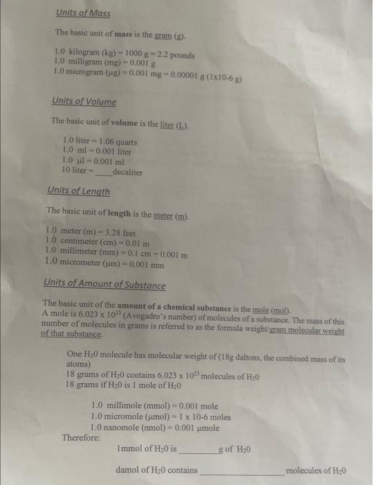 Units of Mass The basic unit of mass is the gram (g). | Chegg.com