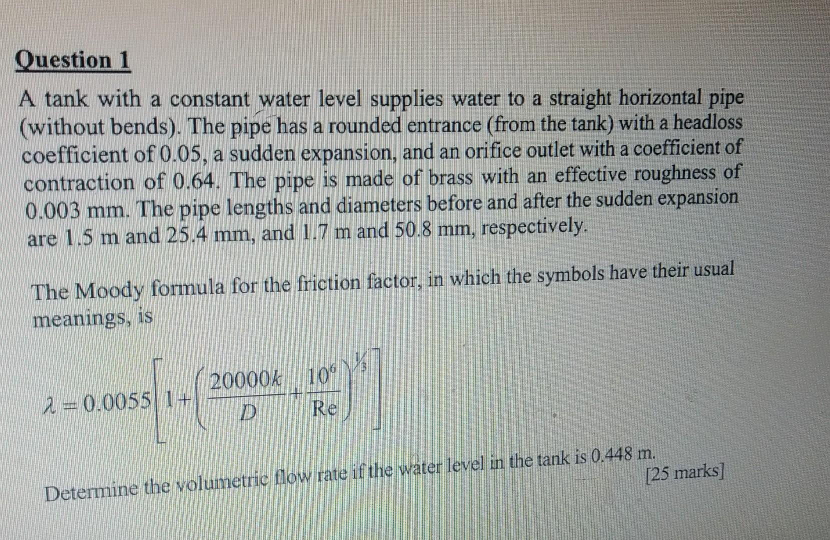 Solved Question 1 A tank with a constant water level | Chegg.com