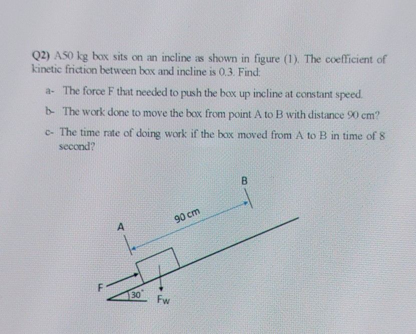 Solved Q2) A50 kg box sits on an incline as shown in figure | Chegg.com