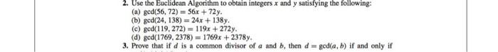 Solved 2. Use the Euclidean Algorithm to obtain integers x | Chegg.com