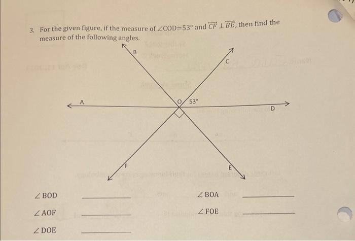 Solved 3. For the given figure, if the measure of ∠COD=53∘ | Chegg.com