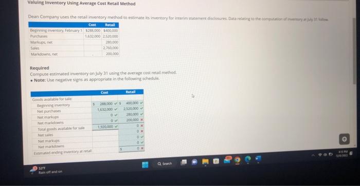 Solved Valuing Inventory Using Average Cost Retall Method | Chegg.com