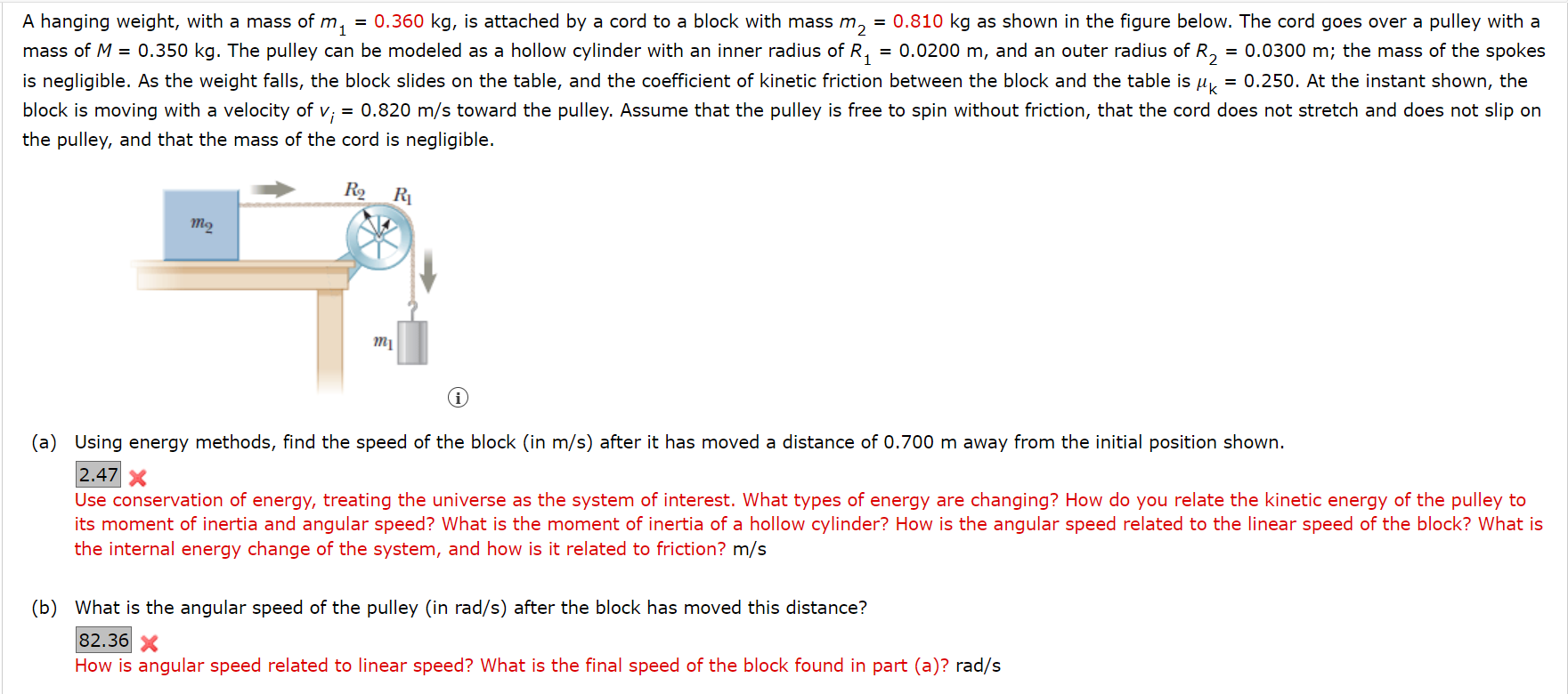 Solved A hanging weight, with a mass of m1=0.360kg, ﻿is | Chegg.com
