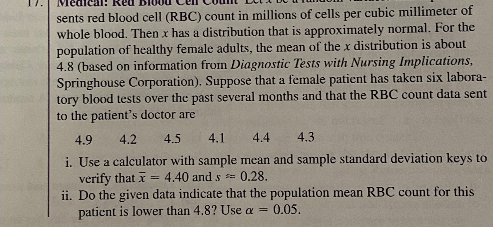 Solved sents red blood cell (RBC) ﻿count in millions of | Chegg.com