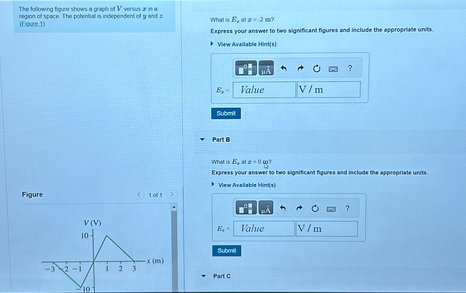Solved The following figure shows a graph of V versus x in a | Chegg.com