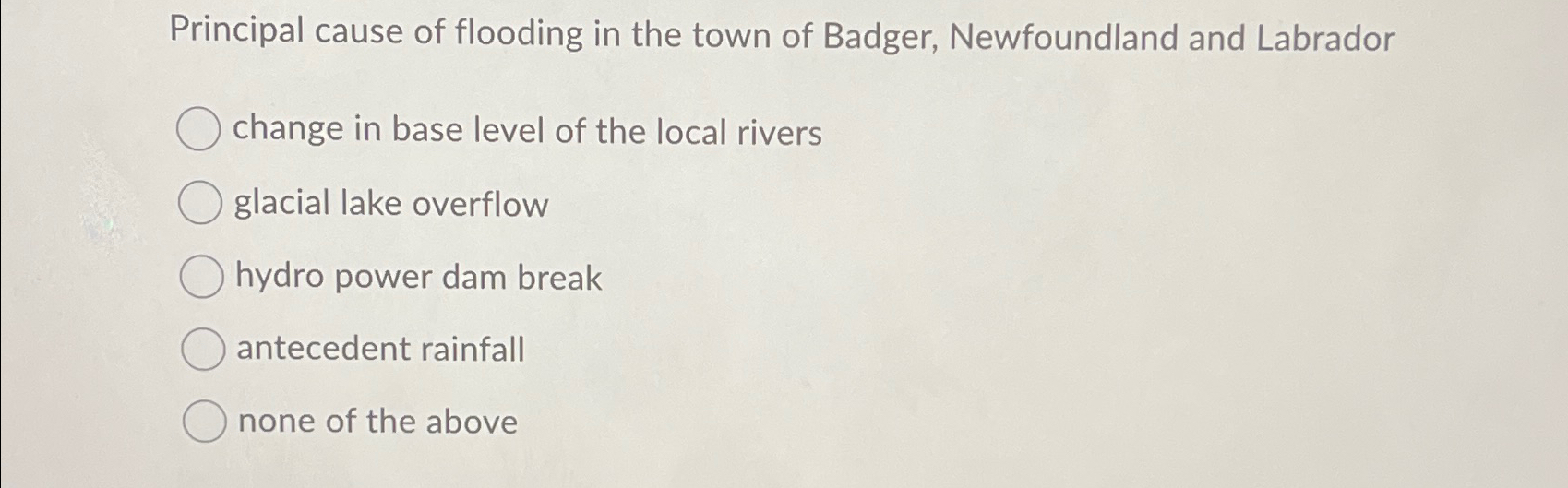 Solved Principal cause of flooding in the town of Badger, | Chegg.com