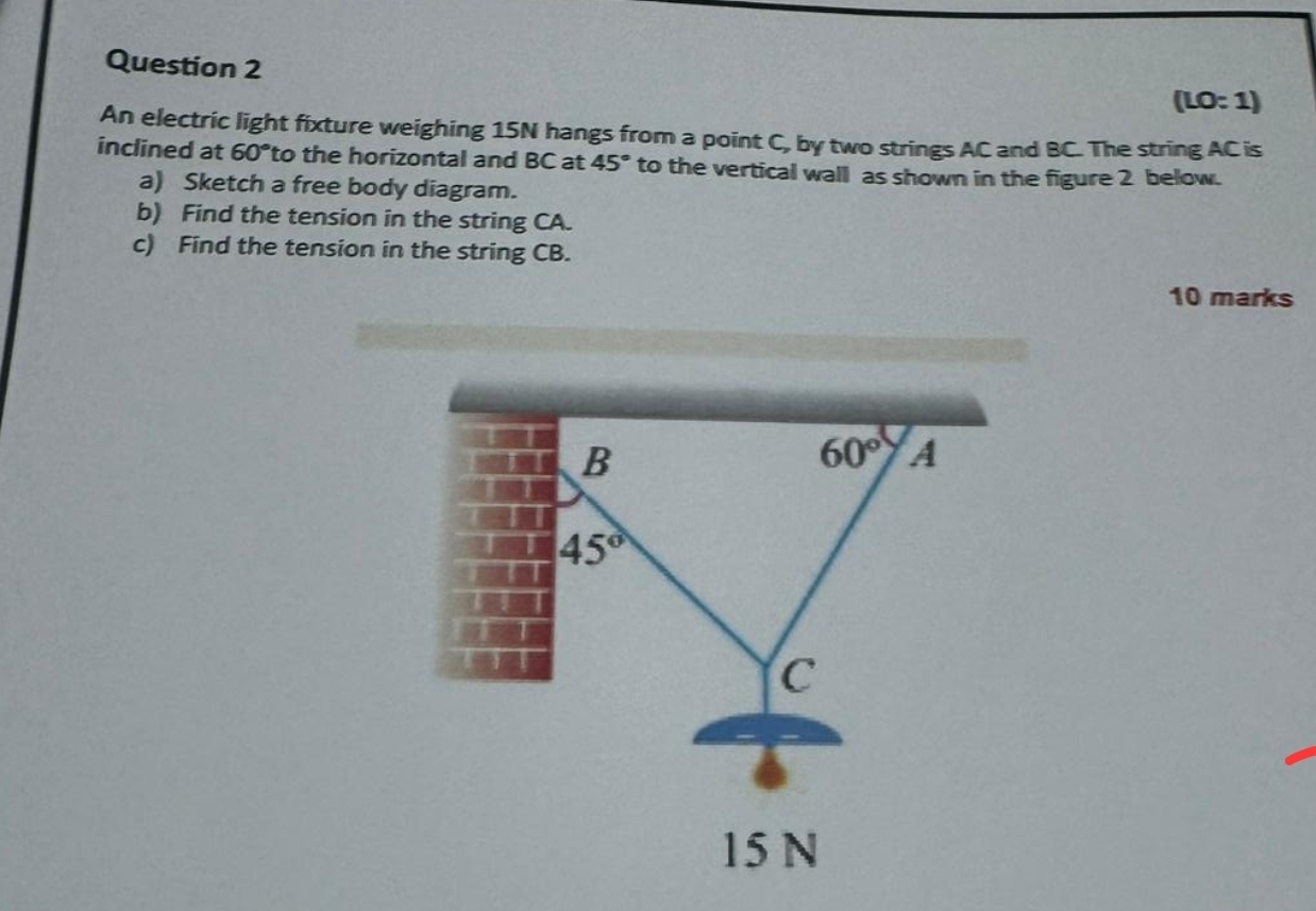 Solved Question 2(LO: 1)An electric light fixture weighing | Chegg.com