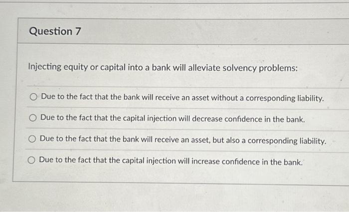 Solved Question 7 Injecting equity or capital into a bank | Chegg.com