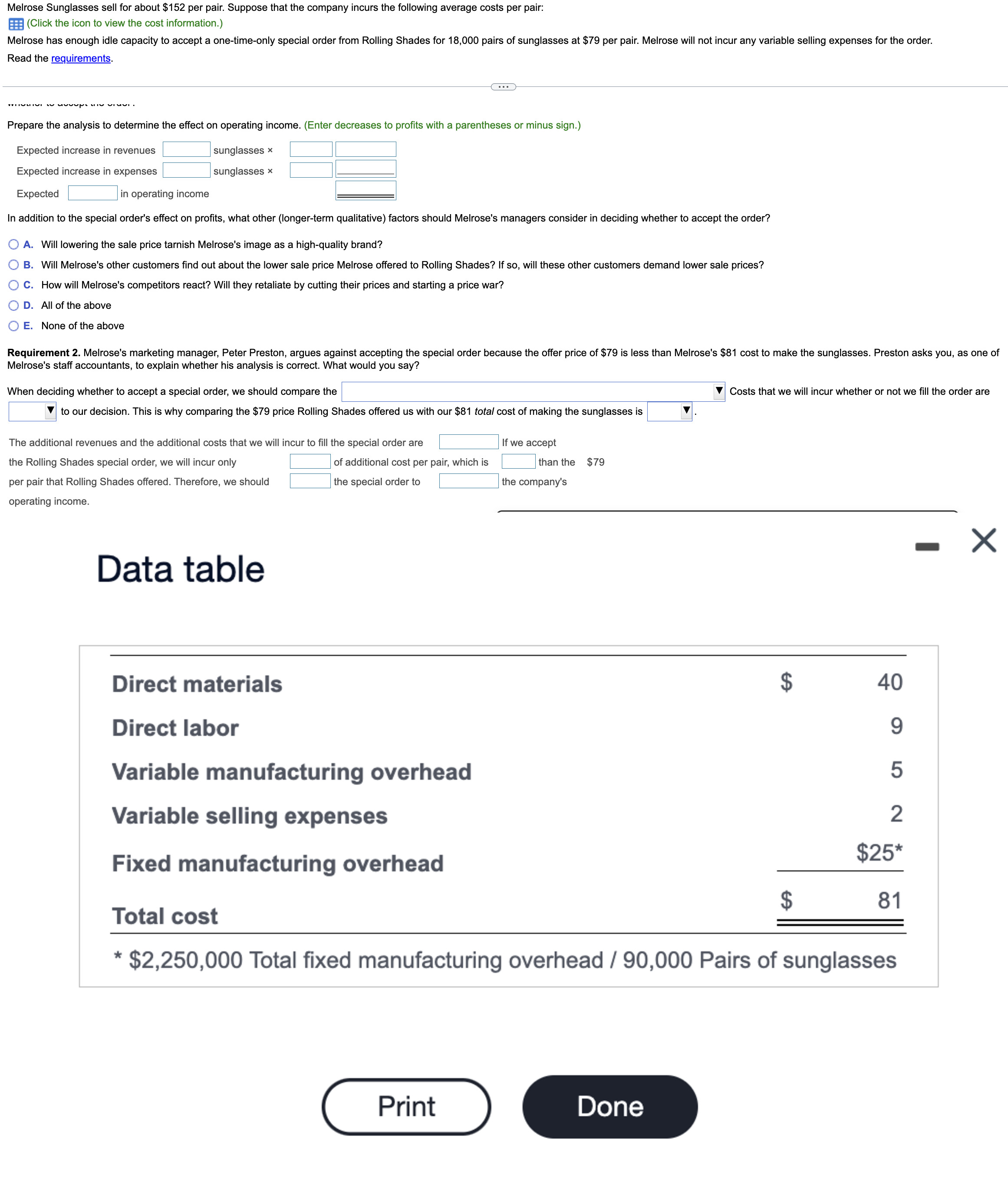 Solved Data tableDirect materialsDirect laborVariable | Chegg.com