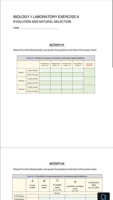 BIOLOGY 1 LABORATORY EXERCISE 9 EVOLUTION AND NATURAL | Chegg.com
