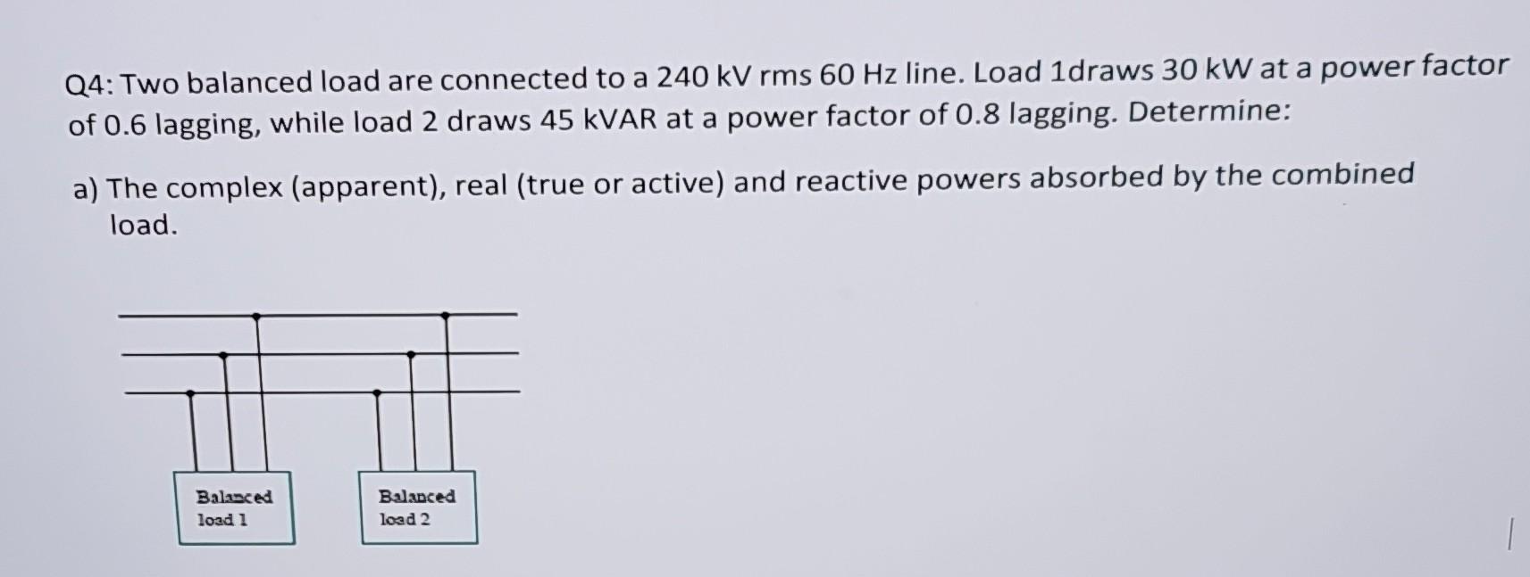 Solved Q4: Two balanced load are connected to a 240kVrms60 | Chegg.com