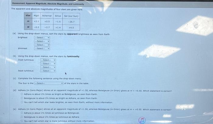 Solved Assessment: Apparent Magnitude. Abselule Magaitude, | Chegg.com